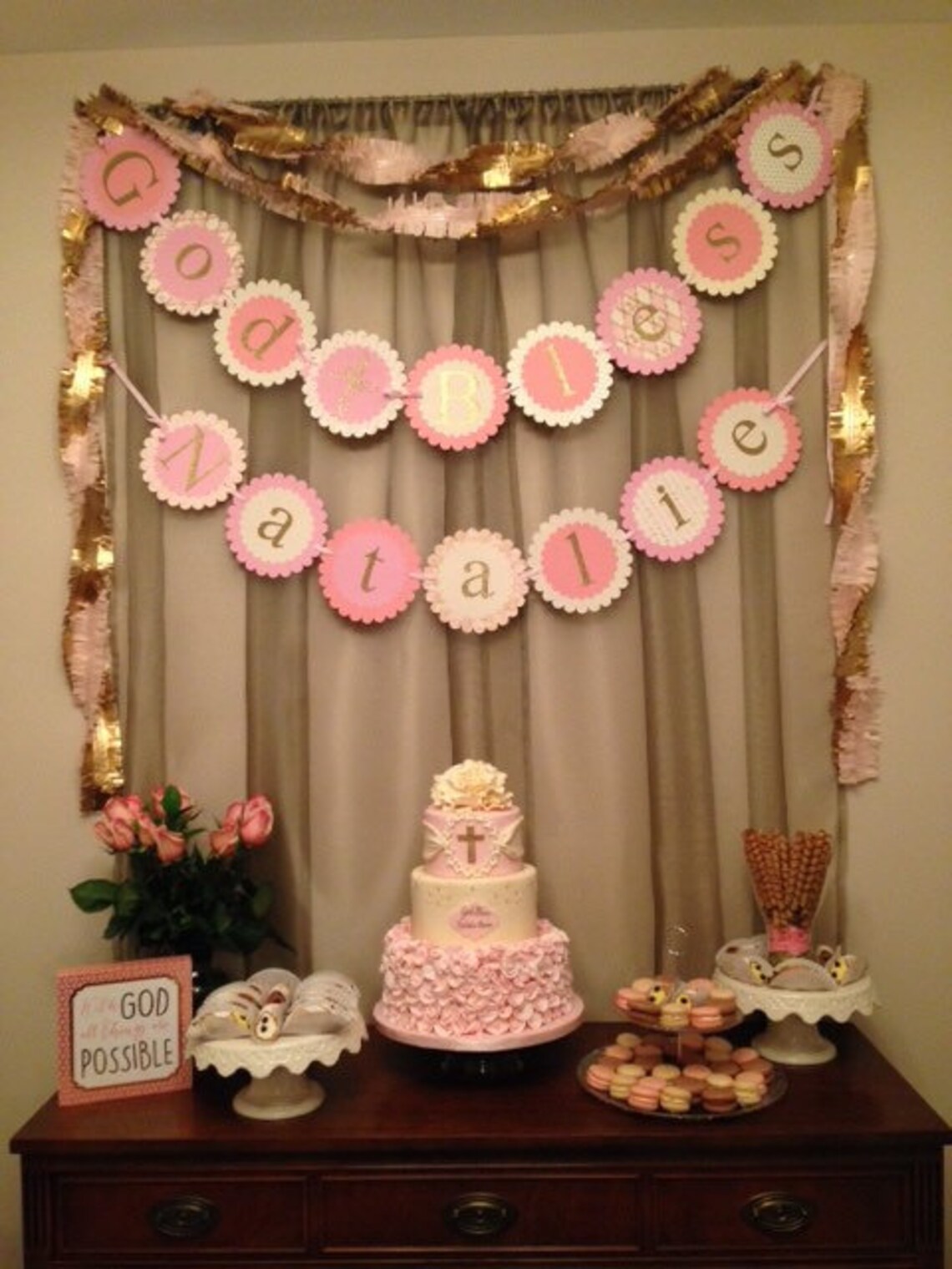 God Bless Banner Pink and Gold Baptism Banner Baptism - Etsy