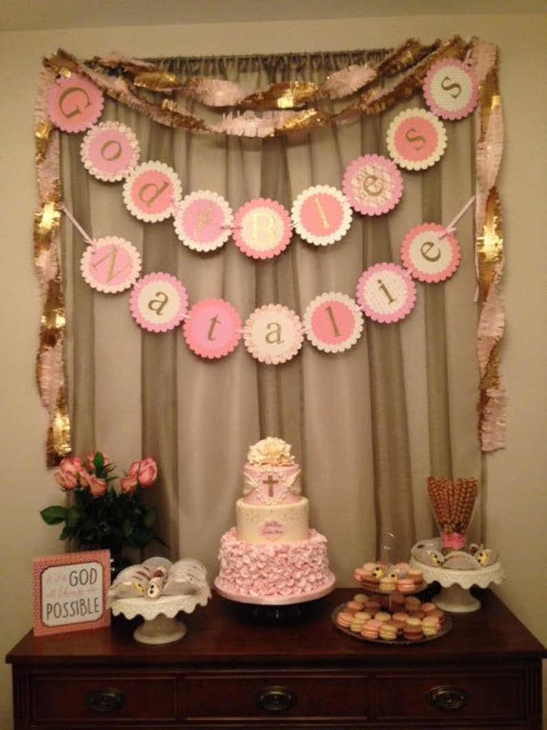 God Bless Banner Pink and Gold Baptism Banner Baptism - Etsy