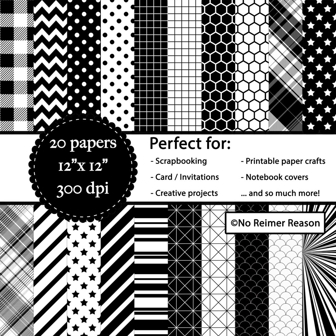 Black and White Pattern Digital Paper Pattern Pack, 12x12, Scrapbooking ...