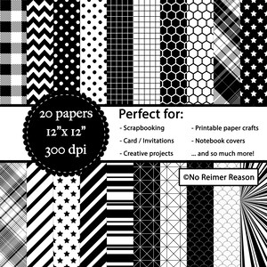 Black and White Pattern Digital Paper Pattern Pack, 12x12, Scrapbooking ...