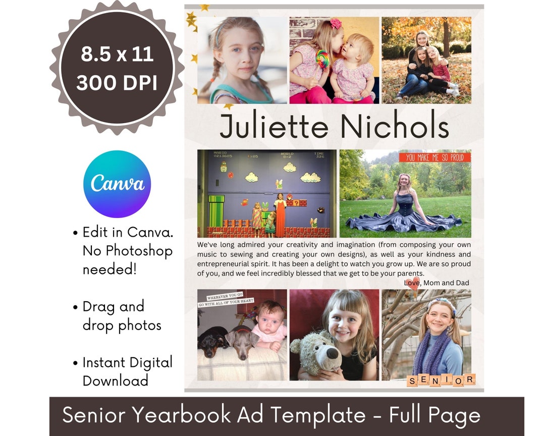 Senior Yearbook Ad Template Editable in Canva, Full Page 8.5x11 Photo ...