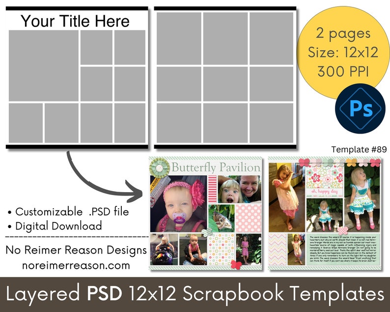 12x12 Digital Scrapbook Page Layout Template, Scrapbooking Photoshop ...