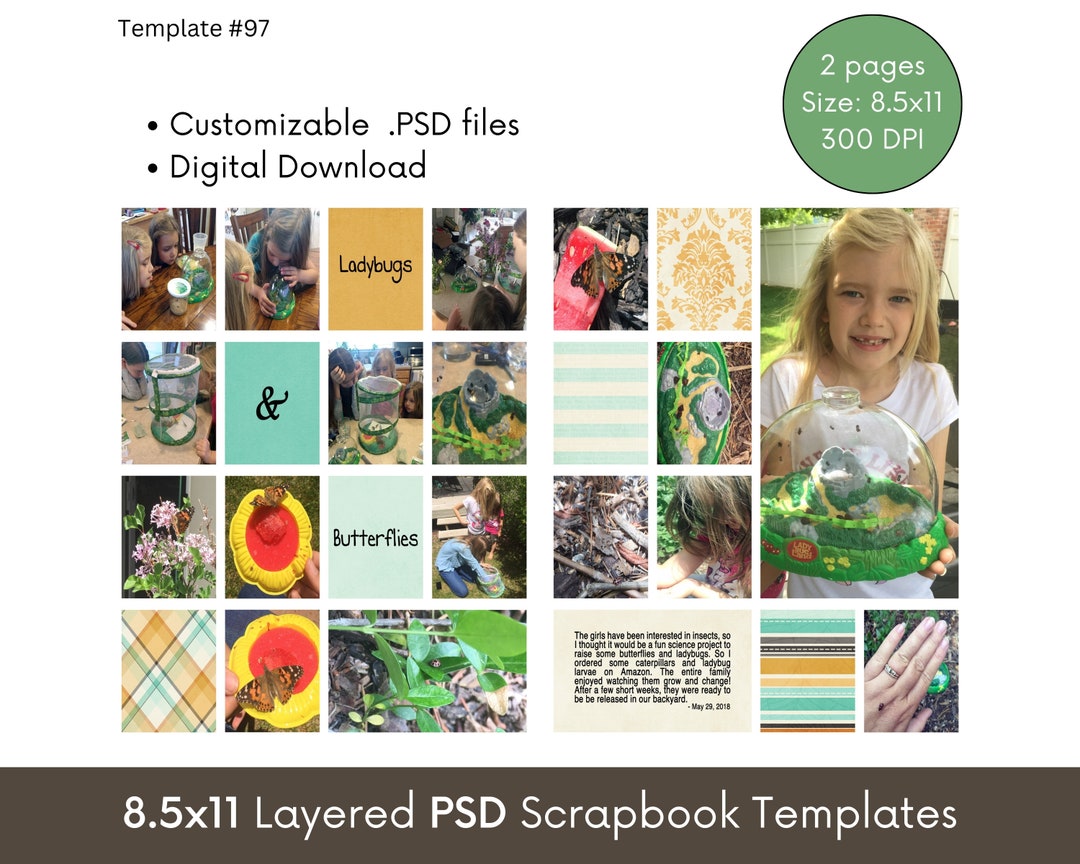 8.5x11 Digital Scrapbook Template for Photoshop, Photo Collage Page ...