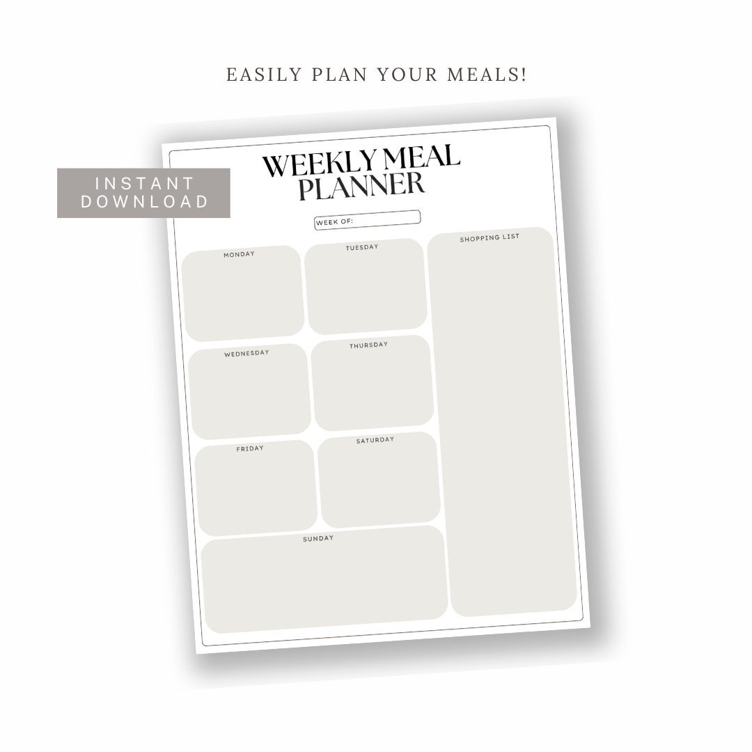 Minimalist Weekly Meal Planner Printable | Grocery List (digital ...