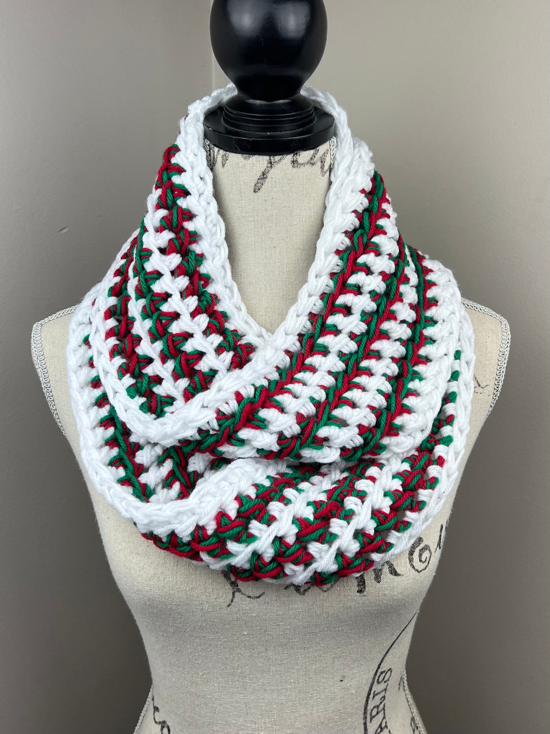 Crochet Scarf, Red Green Mix and White Striped Infinity Scarf ...
