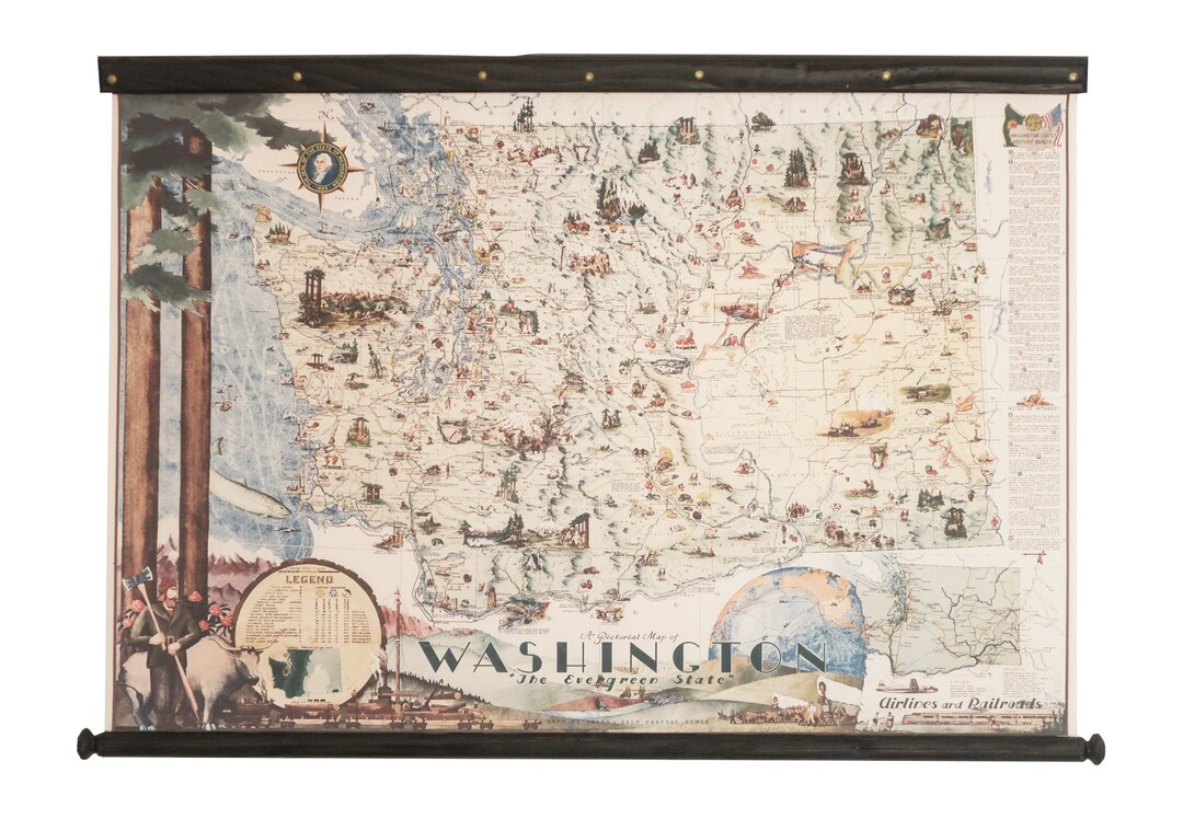 Washington - the Evergreen State Pictorial Map, 42'' X 28'' , Superb ...