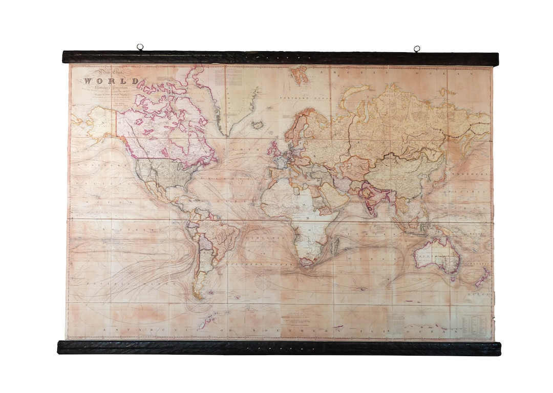Rare World Map 1800 in Pull Down Style, Pink Orange Tones, Cooper Nails ...