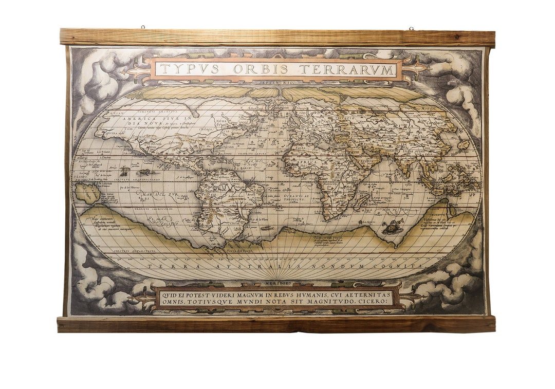 Ortelius World Map 1564: Antique Wooden Trim, Golden Satin Edges - Etsy