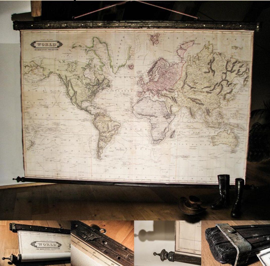 Extra Large 1831 World Map: Victorian Neogothic Art With Iron Hardware ...