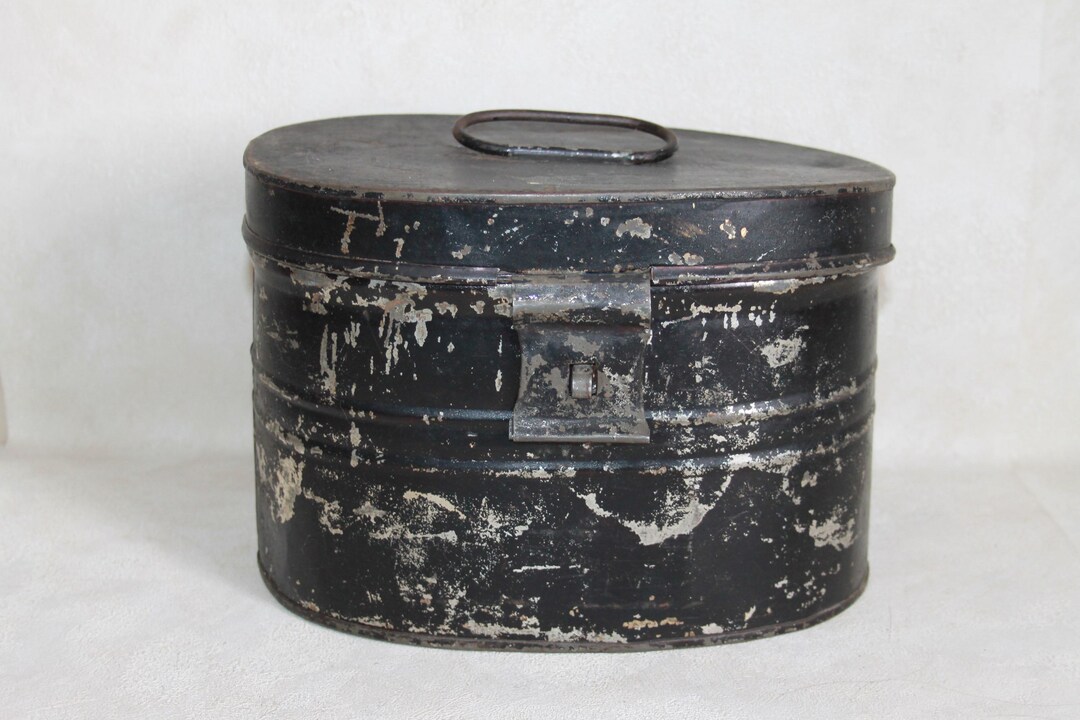 Antique Victorian Tin Hat Box With Handle and Latch Oval Black Metal ...