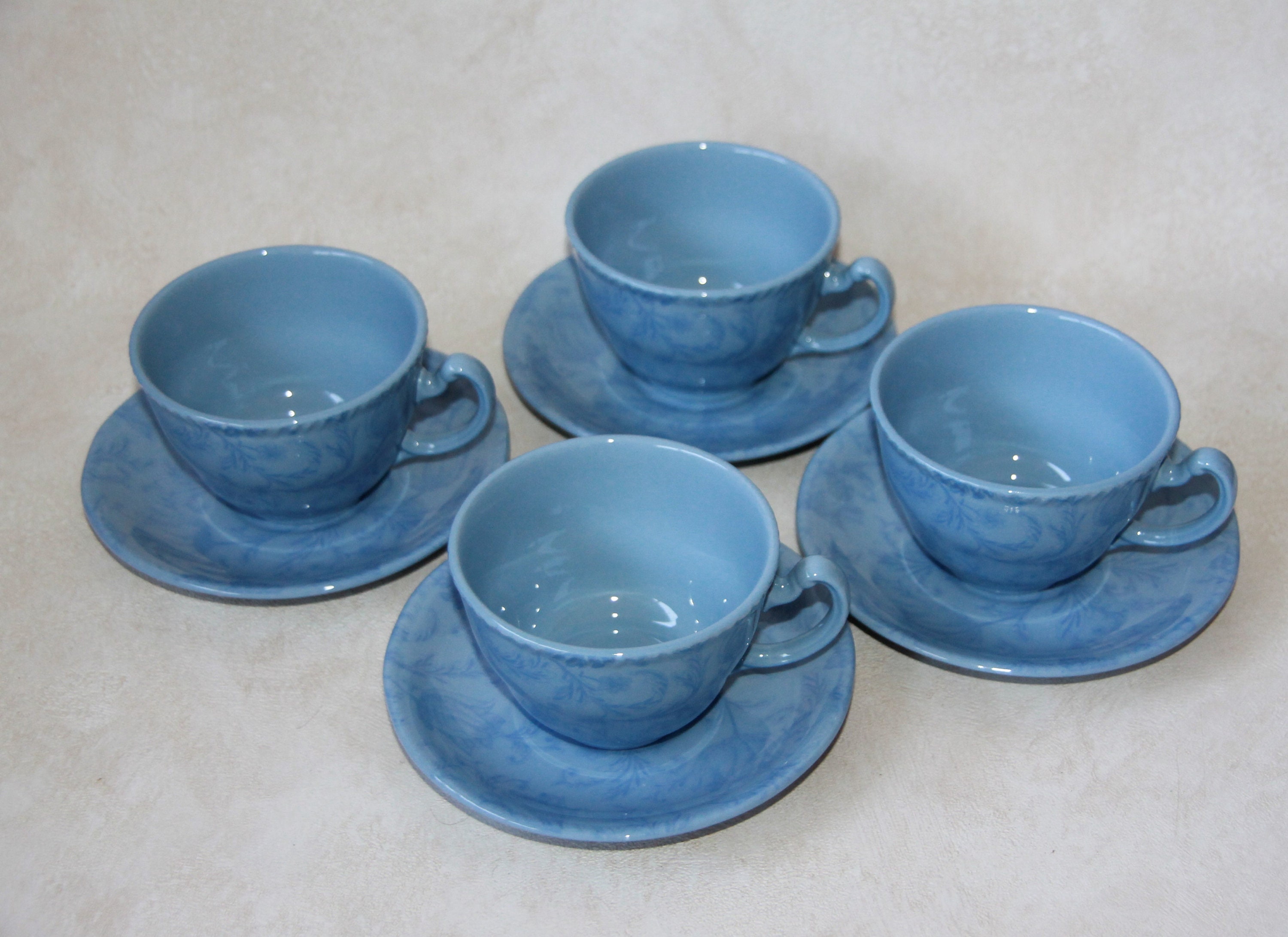 Drinkware Set of 4 Teacups Blue Damask Tea Cup & Saucer Blue China Tea ...