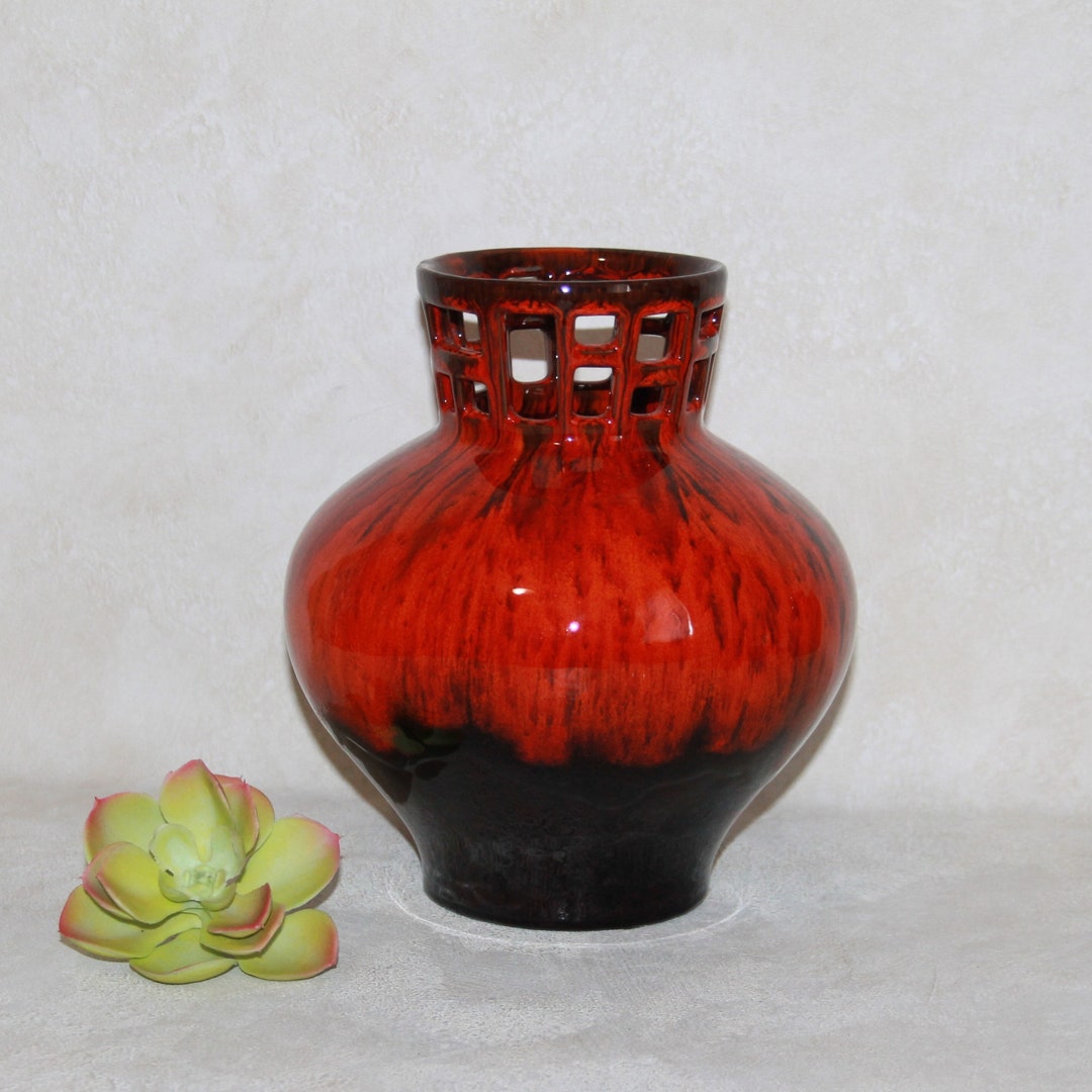 Evangeline Pottery Reticulated Bulbous Vase With Red Orange Drip Glaze ...