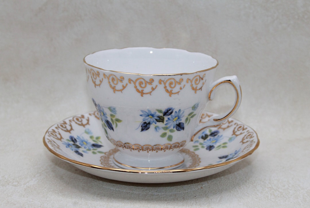 Colclough Bone China Footed Tea Cup and Saucer - Blue Floral Design - Etsy