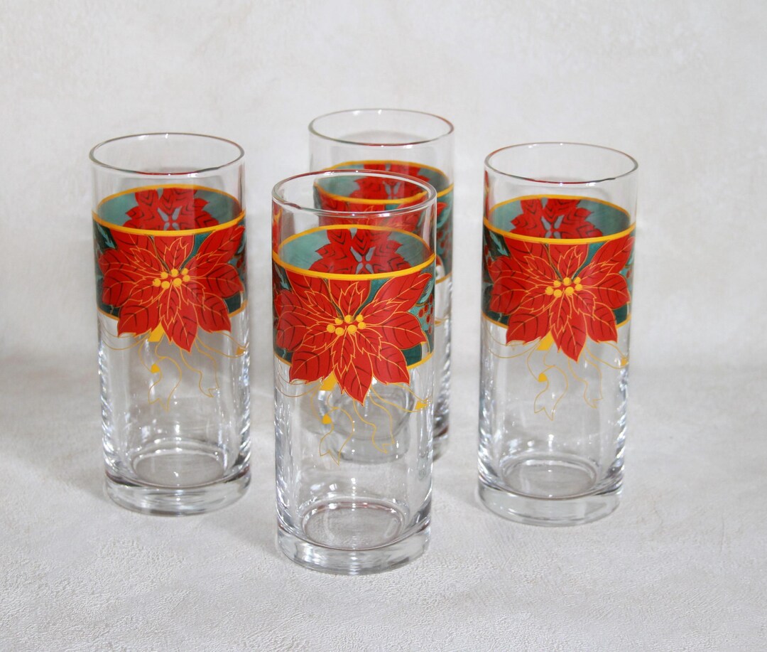 Vintage Holiday Poinsettia Glassware Set of 4 Christmas Glasses 10 Oz ...