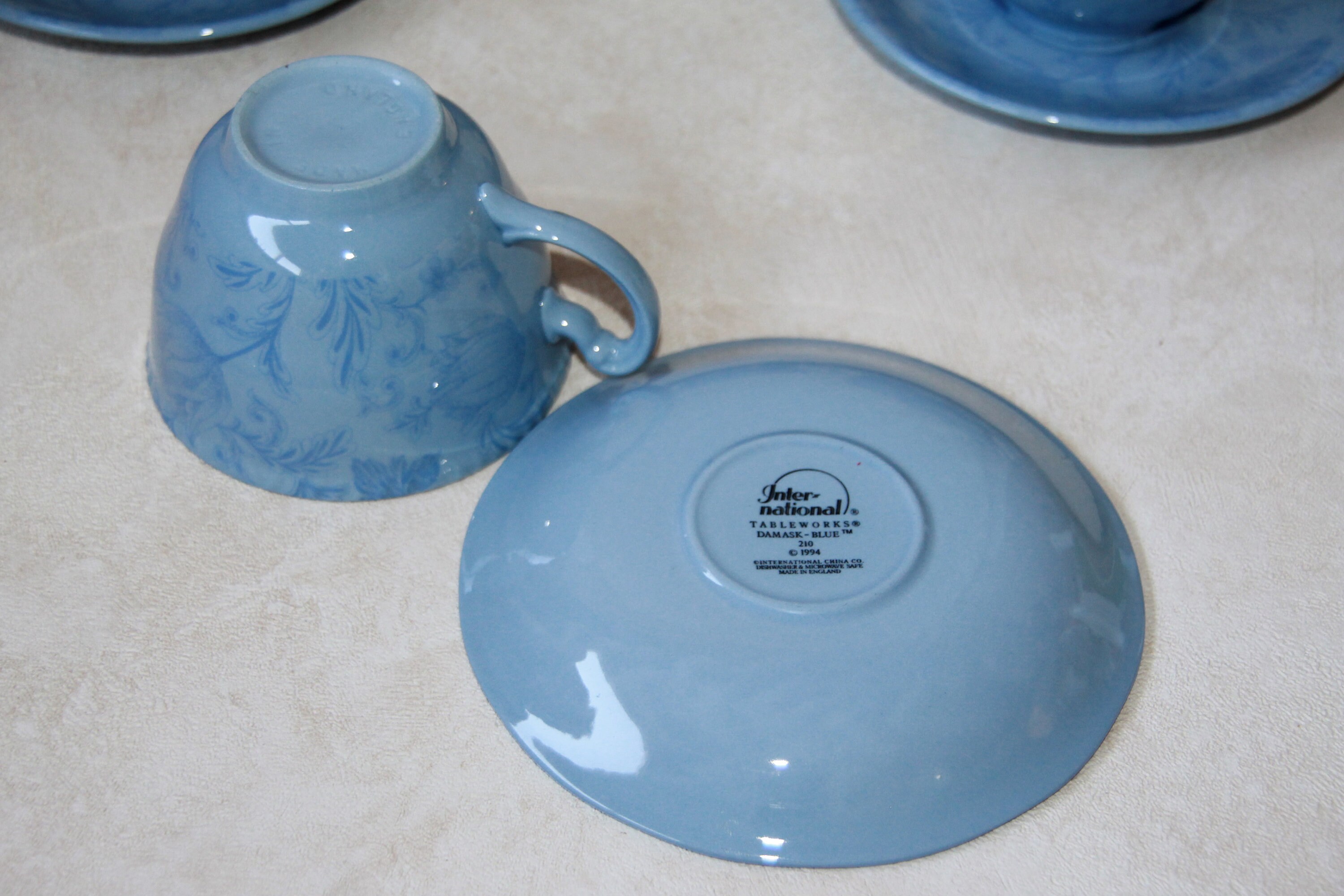 Drinkware Set of 4 Teacups Blue Damask Tea Cup & Saucer Blue China Tea ...