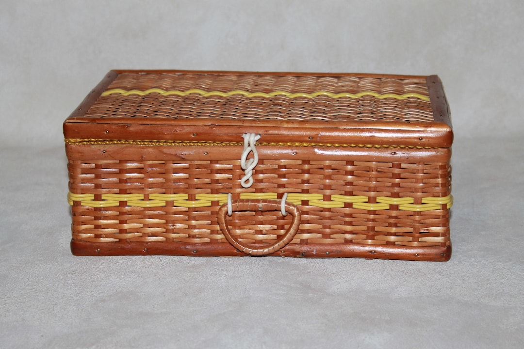 Vintage Wicker Sewing Basket With Hinged Lid and Yellow Satin Lining - Etsy