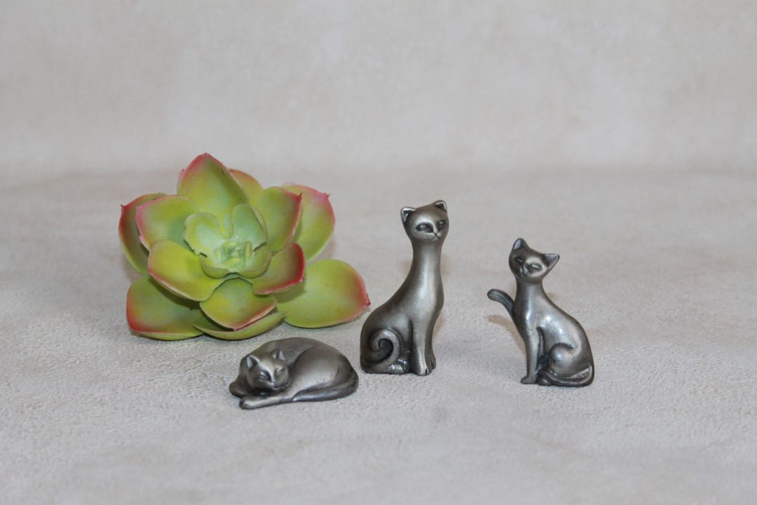 Vintage Pewter Tone Cat Figurines - Set of 3 Miniature Cats - Sleeping ...