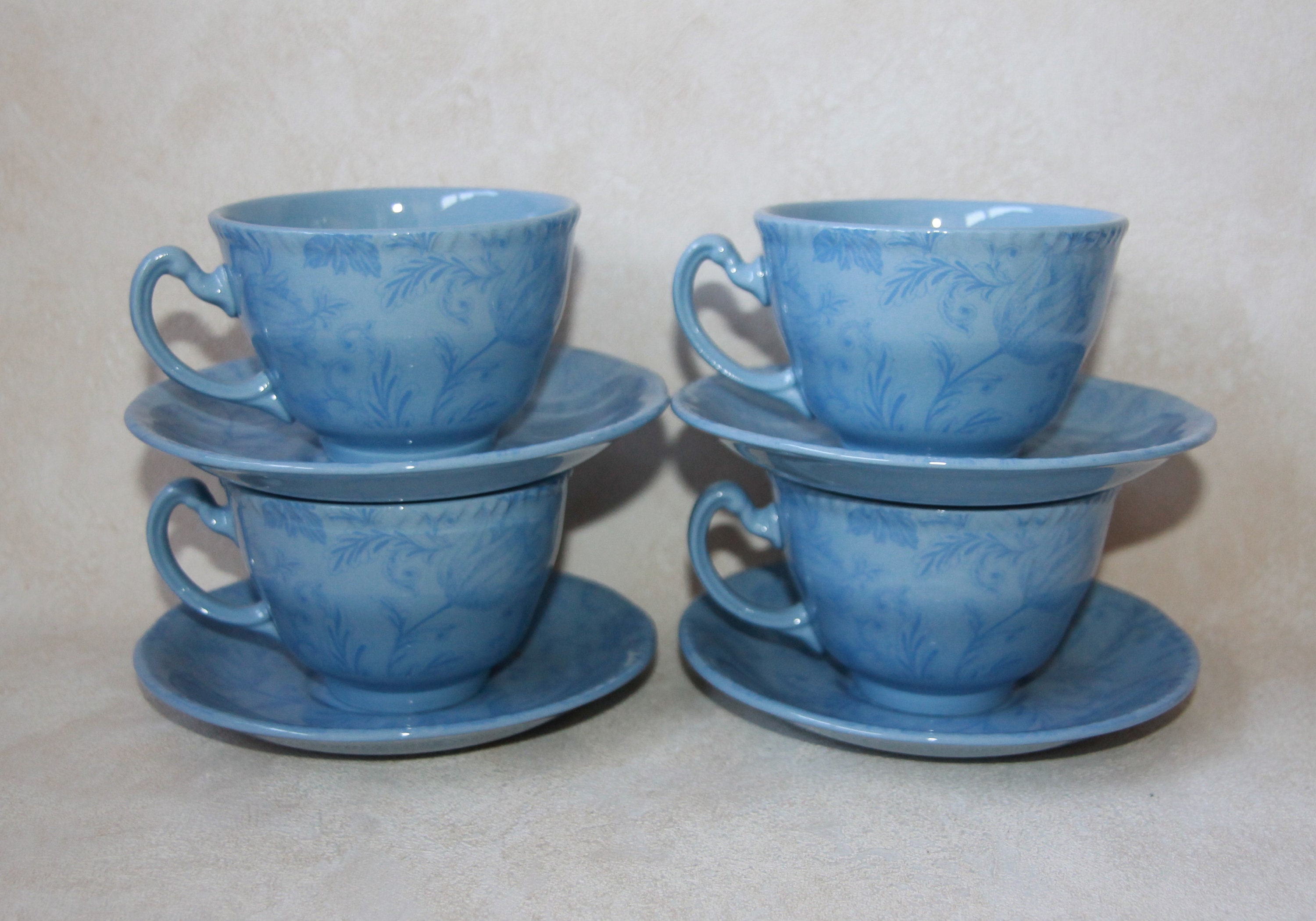 Drinkware Set of 4 Teacups Blue Damask Tea Cup & Saucer Blue China Tea ...