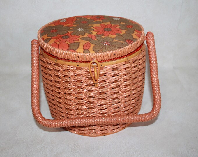 Vintage Round Sewing Basket With Floral Fabric Lid & Lining Retro ...