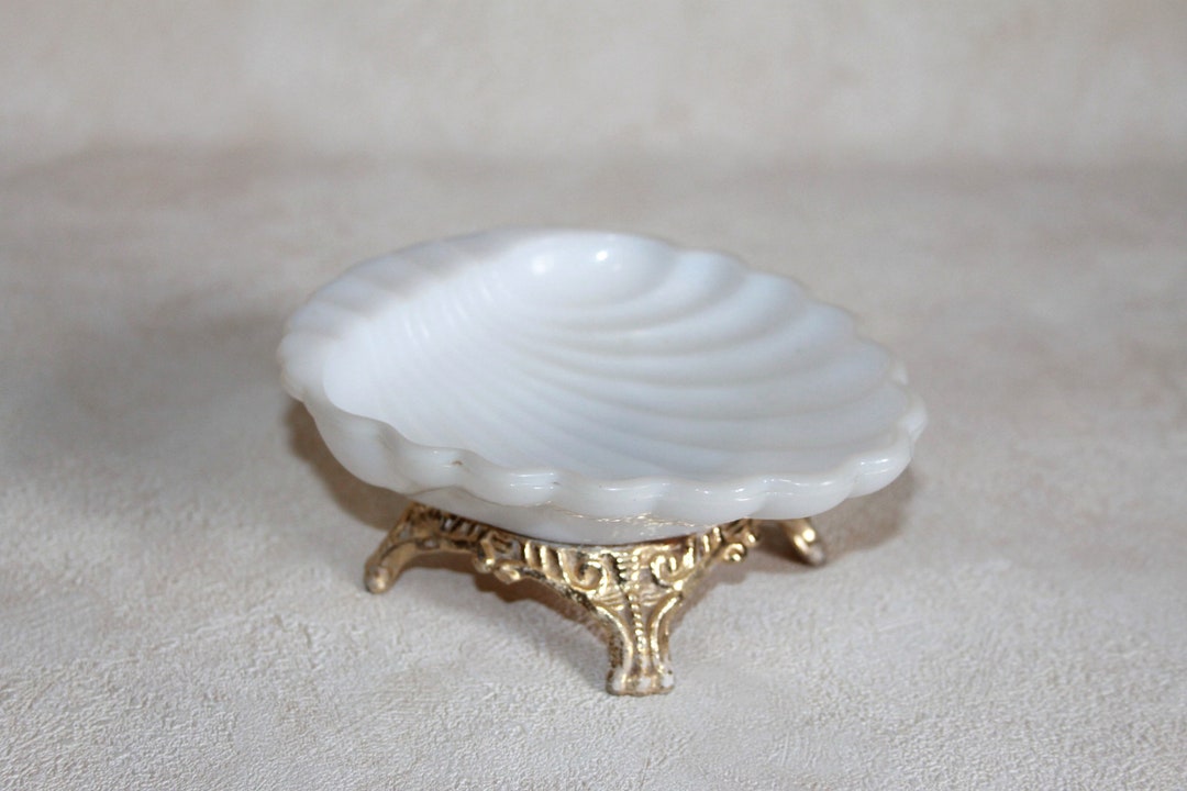 Vintage Pedestal Shell Shape Soap Dish Milk Glass & Cast Metal Bowl ...
