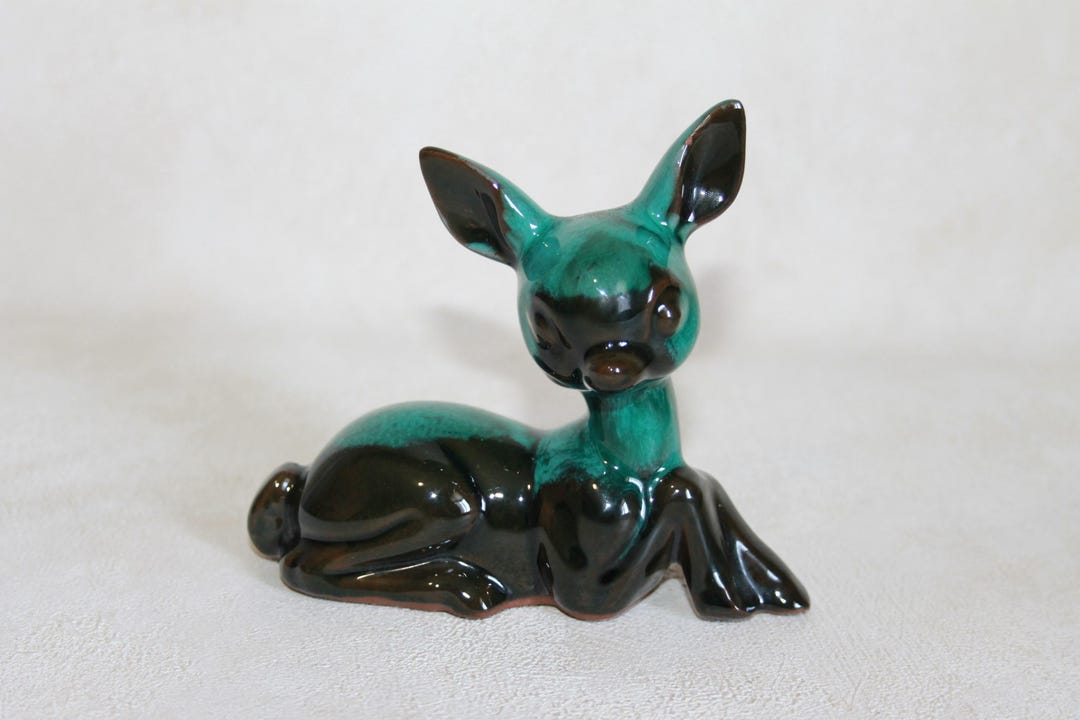 Midcentury Ceramic Fawn Deer Figurine - Canuck Pottery Green Drip Glaze ...