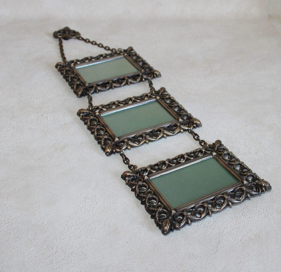Hanging Triple Picture Frames - Chained Antiqued Brass Look Photo Frame ...