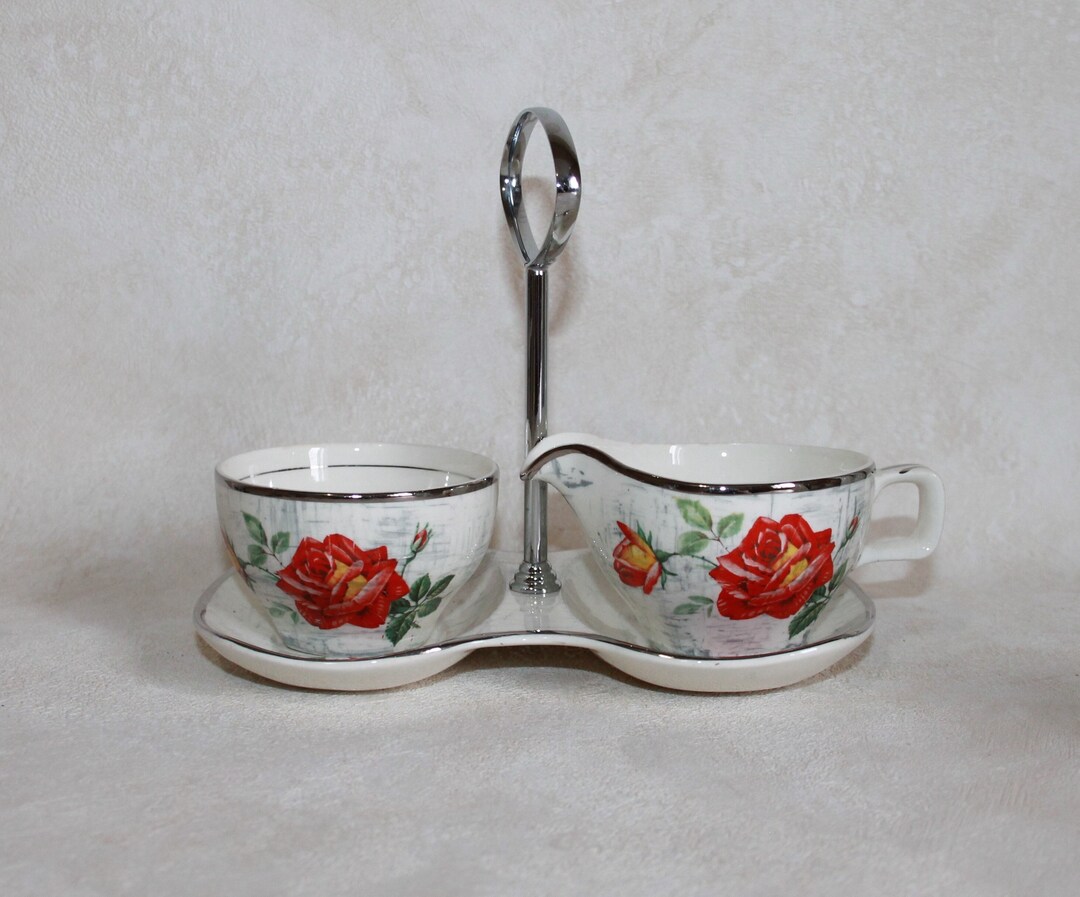 Midwinter Bone China Creamer, Sugar Bowl and Holder- Rose Marie Pattern ...
