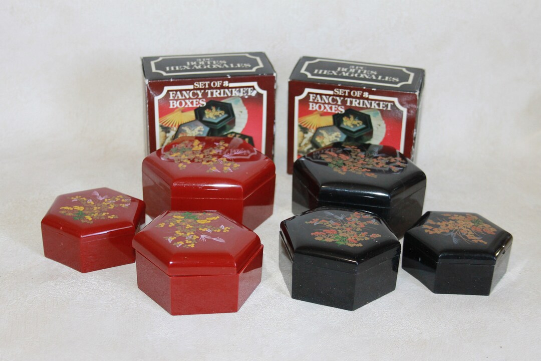 Vintage Trinket Boxes Oriental Style Plastic New Old Stock Two Sets of ...