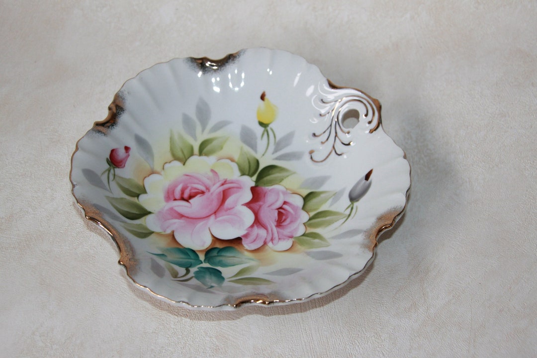 Vintage Hand Painted Pink Rose Motif Porcelain Decorative Dish - Lipper ...