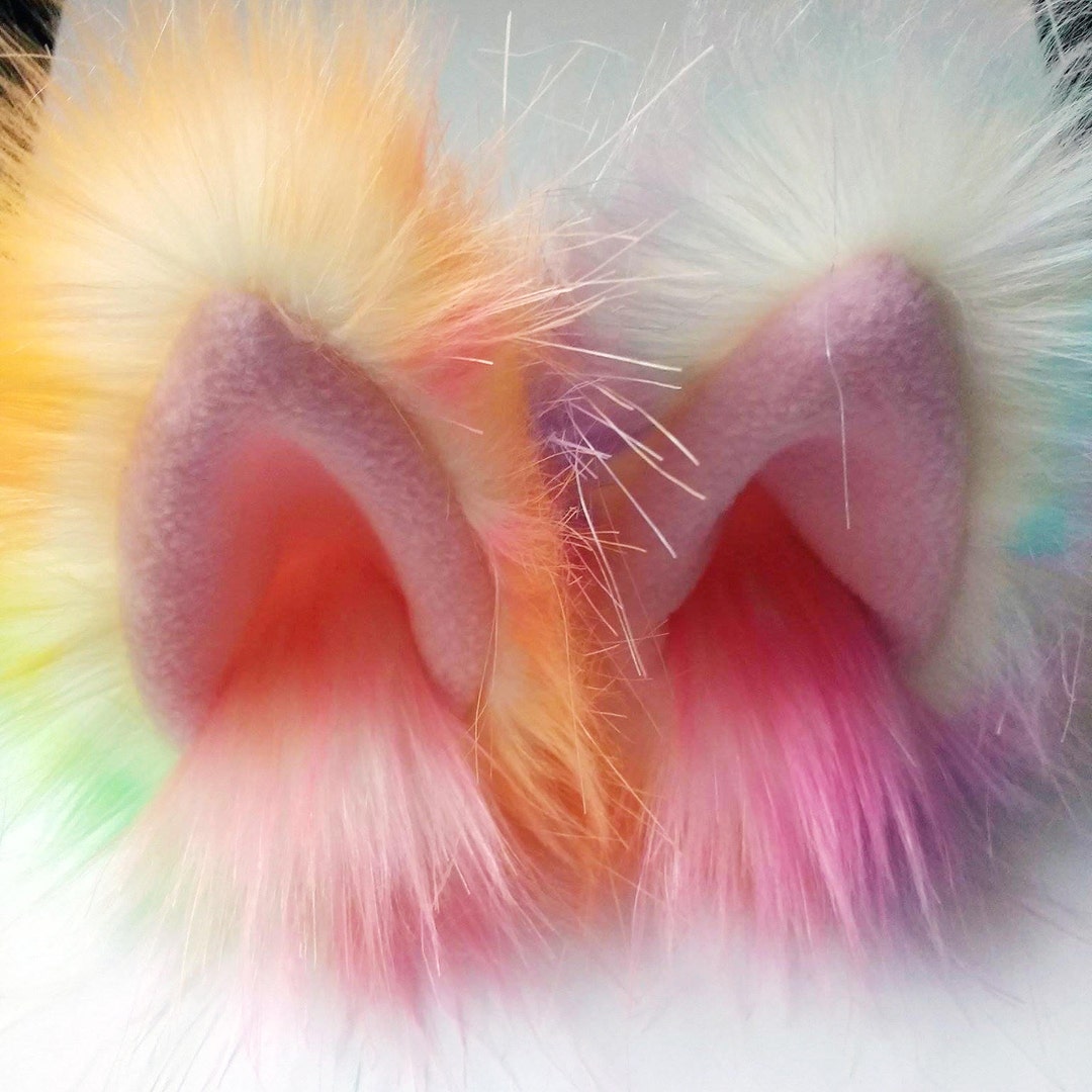 Pastel Rainbow Animal Ear Hair Clips With Pink Fleece Clip on Cat Ears ...