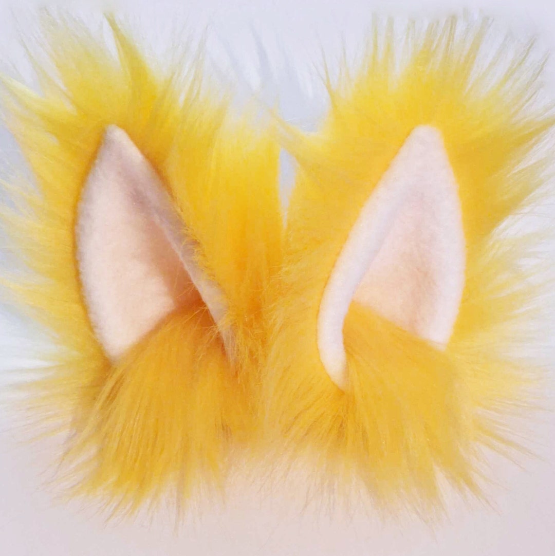 Tails Warm Yellow Animal Ears Faux Fur Hair Clips With White Fleece ...