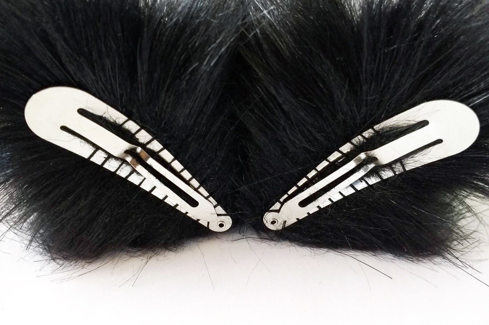 Black animal ears faux fur hair clips with pink fleece cat | Etsy