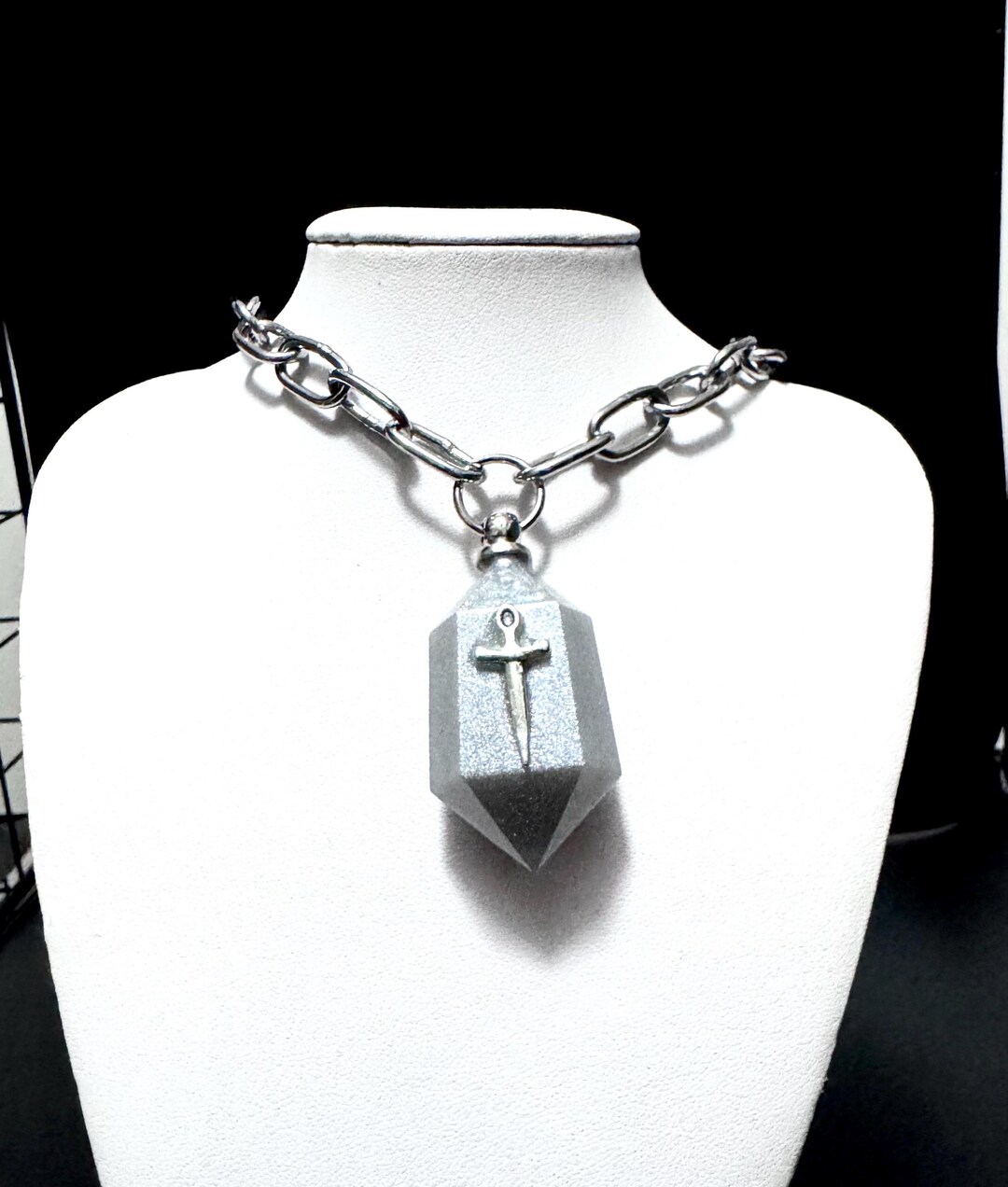 Grey Sword Stone | Silver Stainless Steel Chain Link Choker| Glitter ...