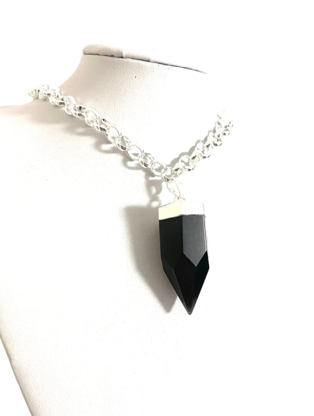 Chunky Obsidian Crystal Necklace Stainless Steel Silver Chain Link ...