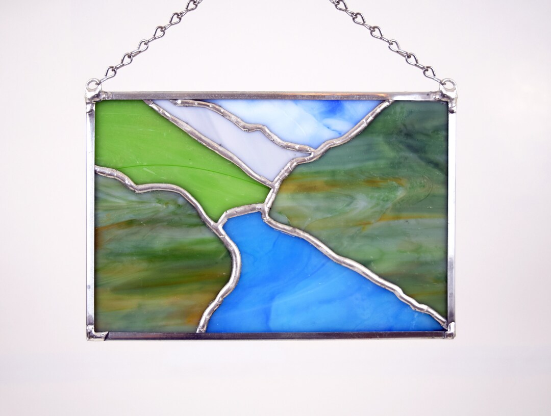 Stained Glass Landscape - River Through Green Mountains - Etsy