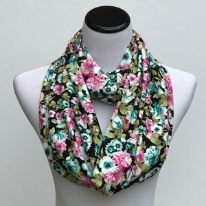 Floral Scarf Infinity Scarf Pink Teal Olive Black Scarf Roses Dogwood ...