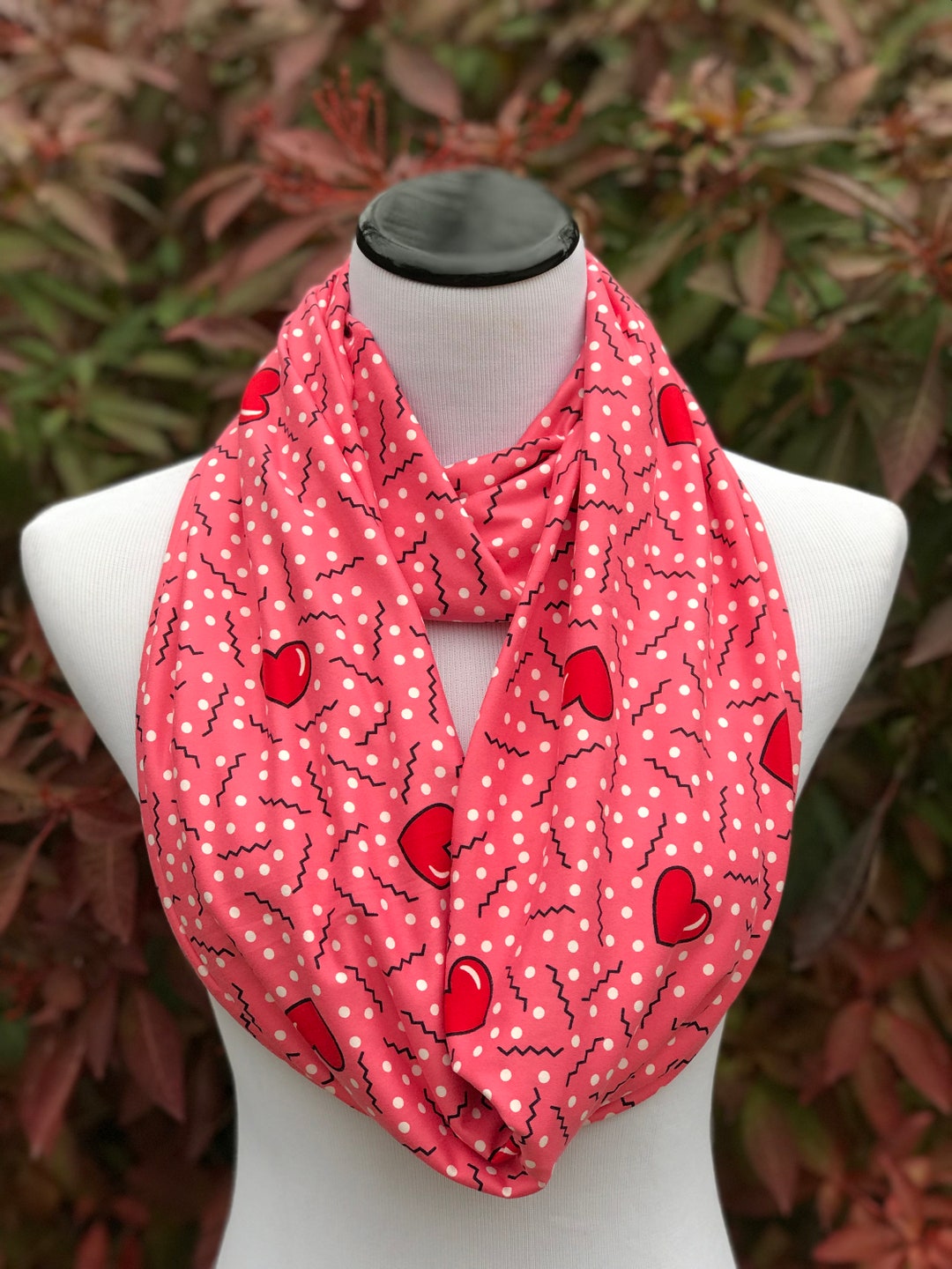 Valentine's Day Scarf Pink Red Hearts Scarf Loop Scarf White Polka Dot ...
