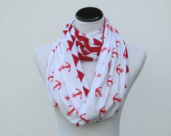 Nautical Scarf Reversible Infinity Scarf Red Navy Blue Anchor
