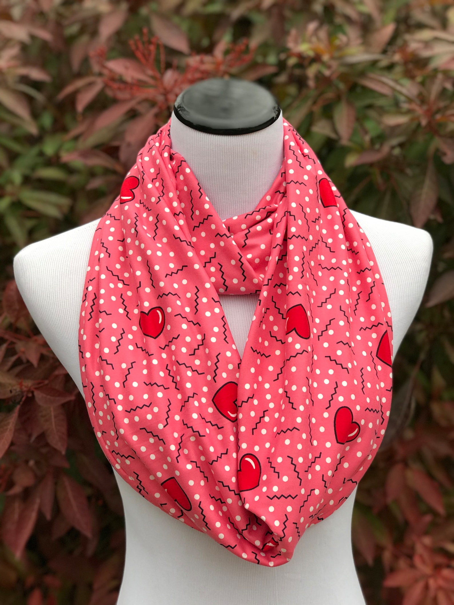 Valentine's Day Scarf Pink Red Hearts Scarf Loop Scarf White Polka Dot ...
