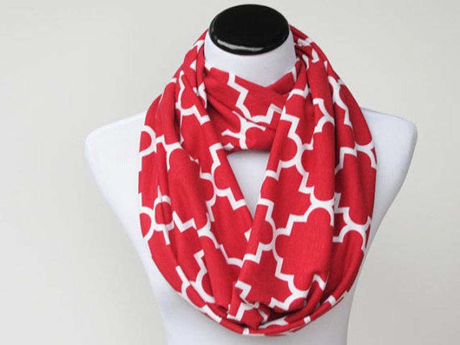 Red Scarf Christmas Infinity Scarf Red White Scarf Quatrefoil | Etsy
