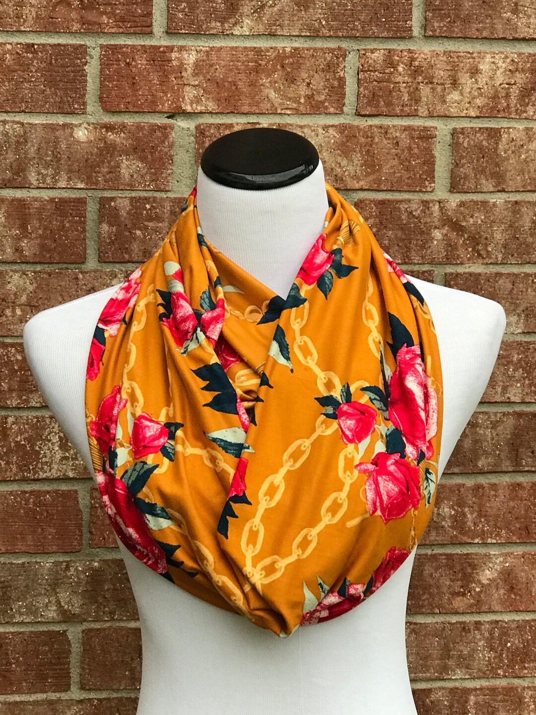 Floral Scarf Rose Scarf Mustard Pink Coral Rustic Scarf Infinity Scarf ...