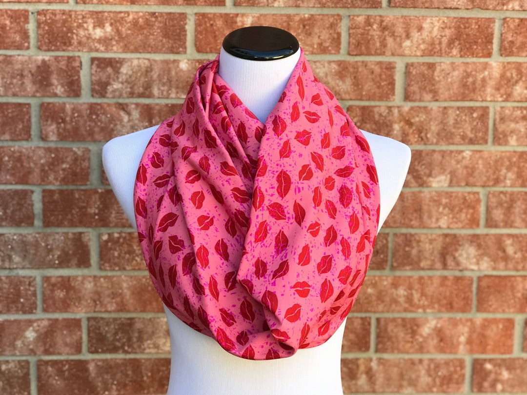 Pink Red Lips & Kisses Scarf Loop Scarf Jersey Knit Scarf Valentine's ...