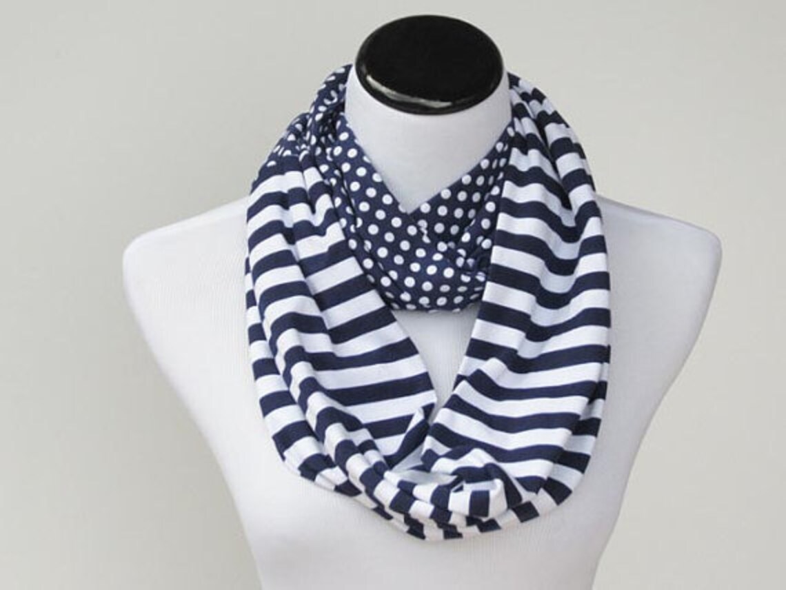 Navy Blue White Scarf Infinity Scarf Polka Dots and Stripes | Etsy
