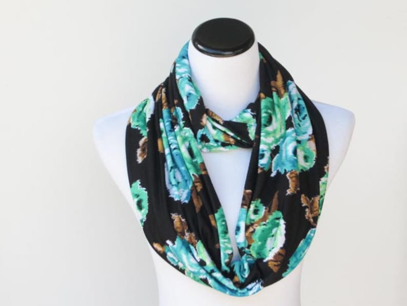 Black Teal Scarf Floral Infinity Scarf Roses Print Scarf Soft Jersey ...