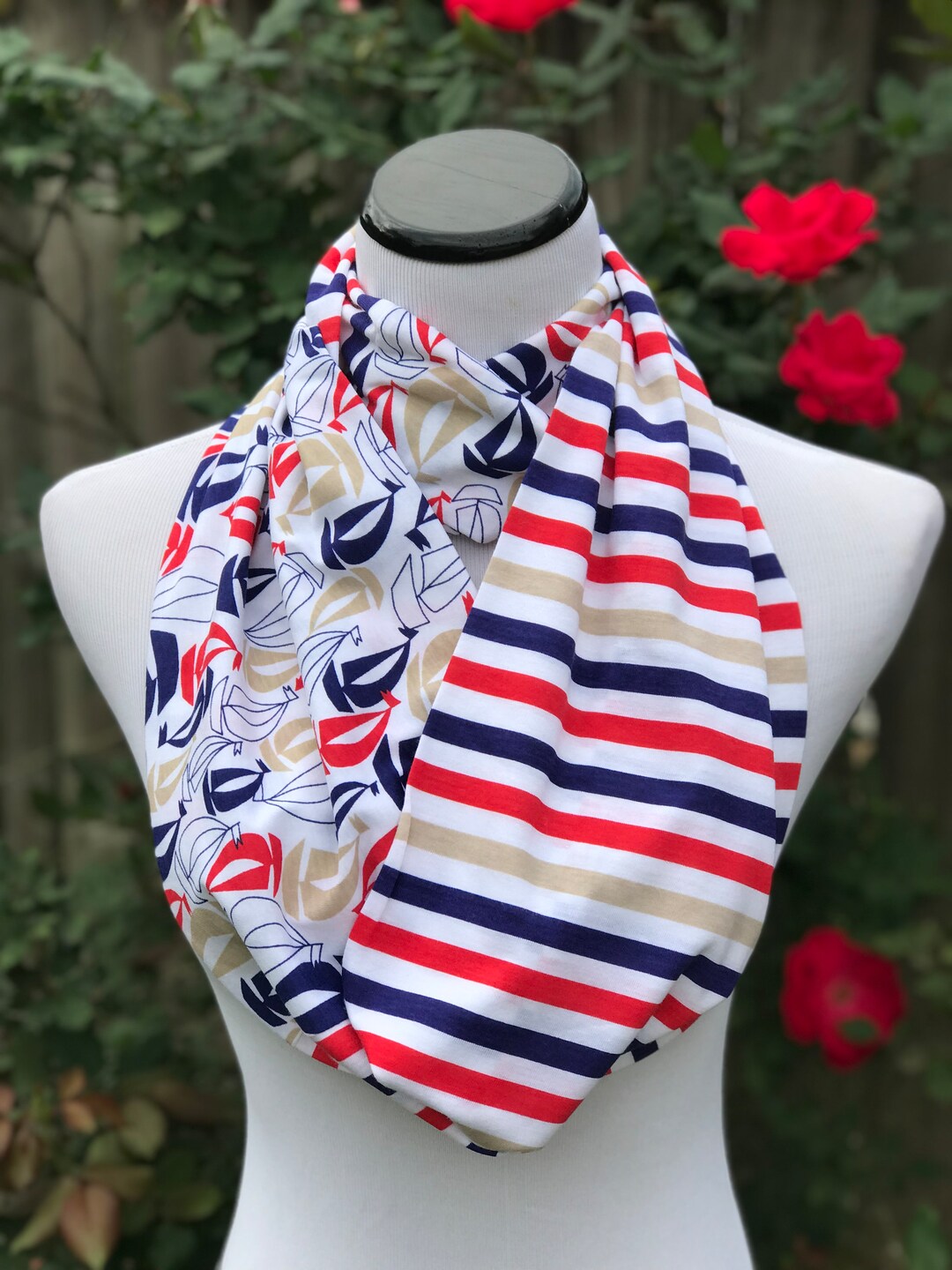 Nautical Scarf Red Blue White Stripes and Sailboats Infinity Scarf ...