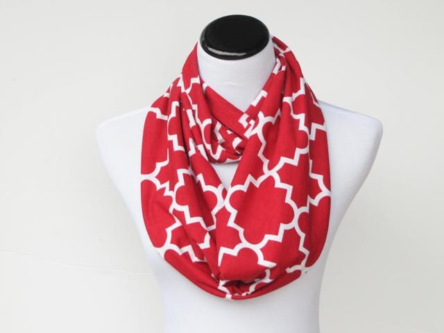 Red Scarf Christmas Infinity Scarf Red White Scarf Quatrefoil | Etsy