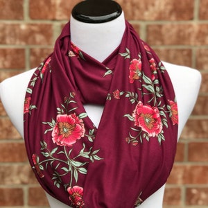Floral Scarf Rose Print Infinity Scarf Burgundy Pink Poppy Scarf Roses ...