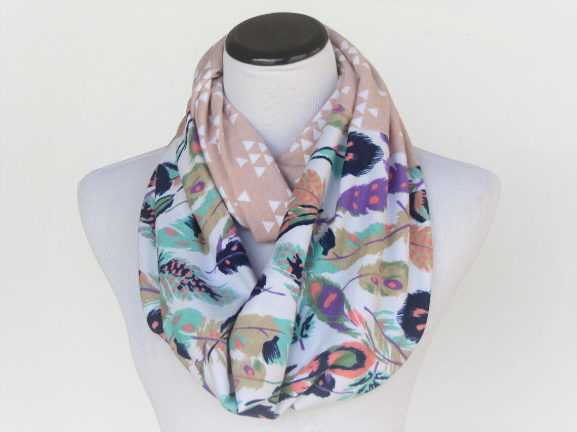 Feather Print Scarf Infinity Scarf Color Block Scarf Soft - Etsy