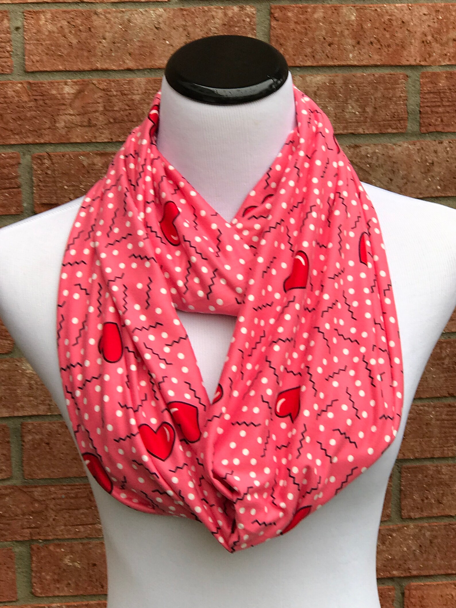 Valentine's Day Scarf Pink Red Hearts Scarf Loop Scarf White Polka Dot ...