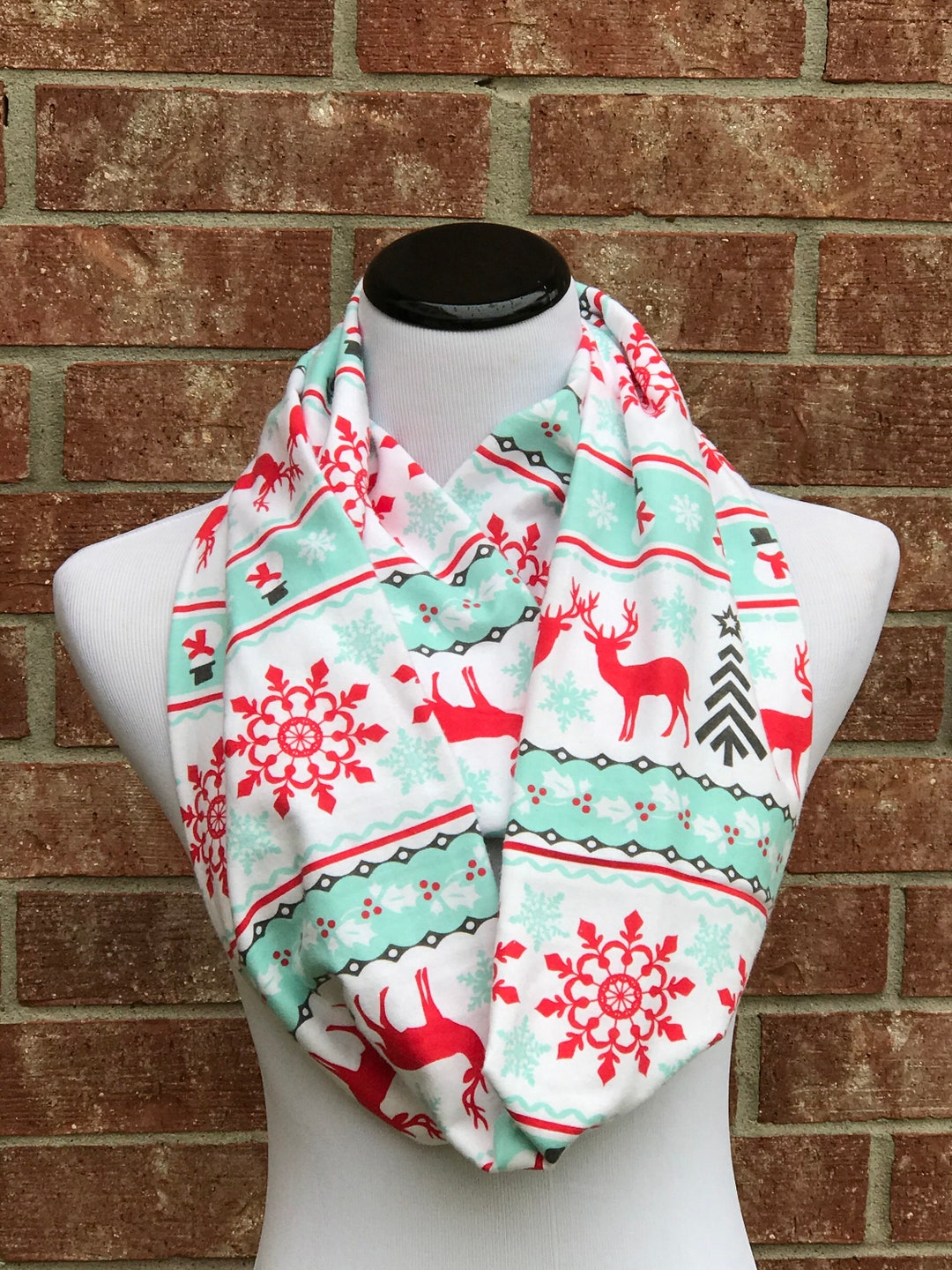 Christmas Scarf Red Teal Reindeer Snowflakes Infinity Scarf White Warm ...